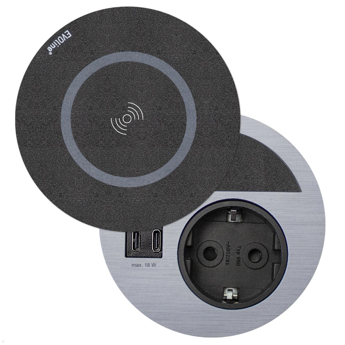 Built-in socket with USB CC and wireless charger rotating cover