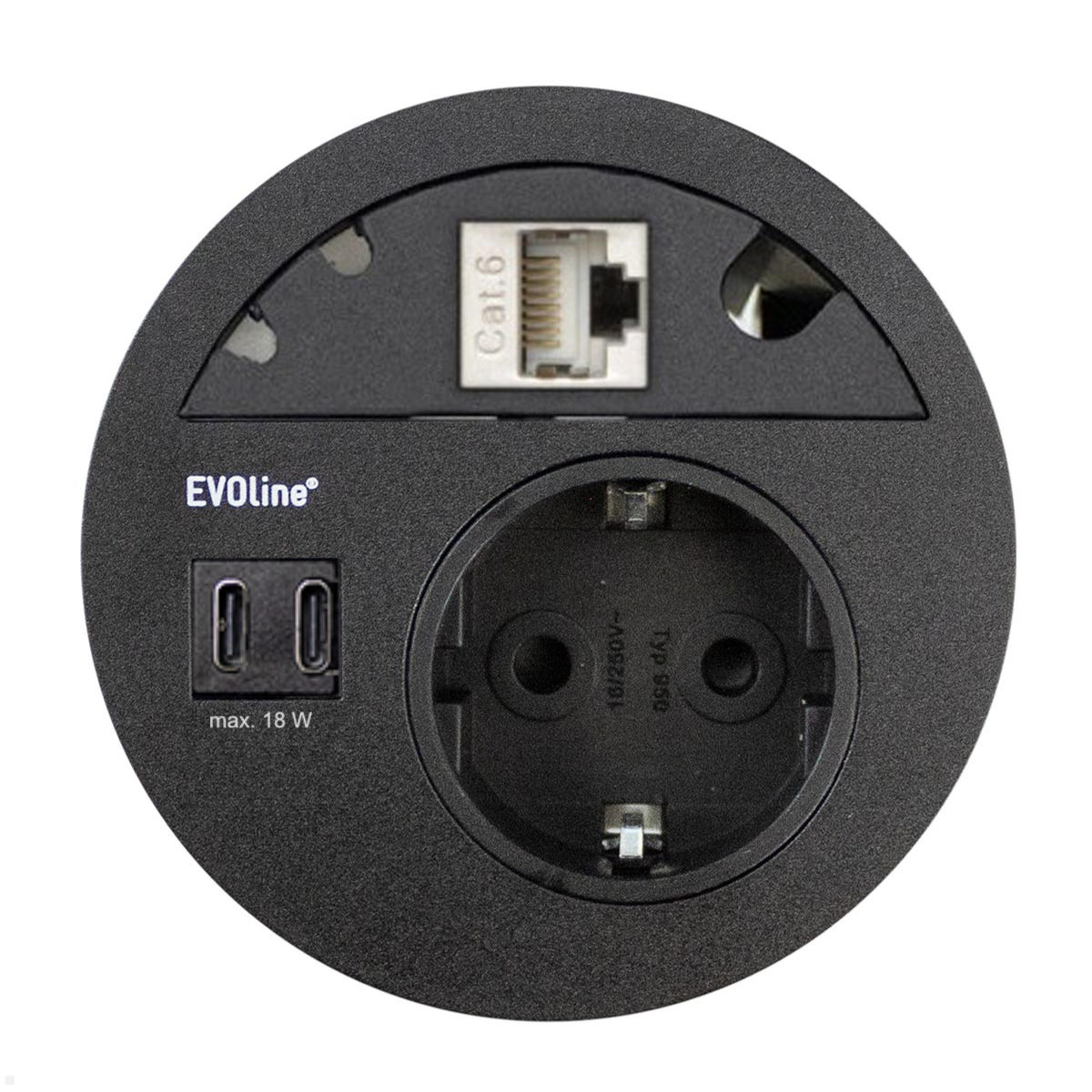 Table socket USB C/C EVOline Circle80 Cat6a cable routing