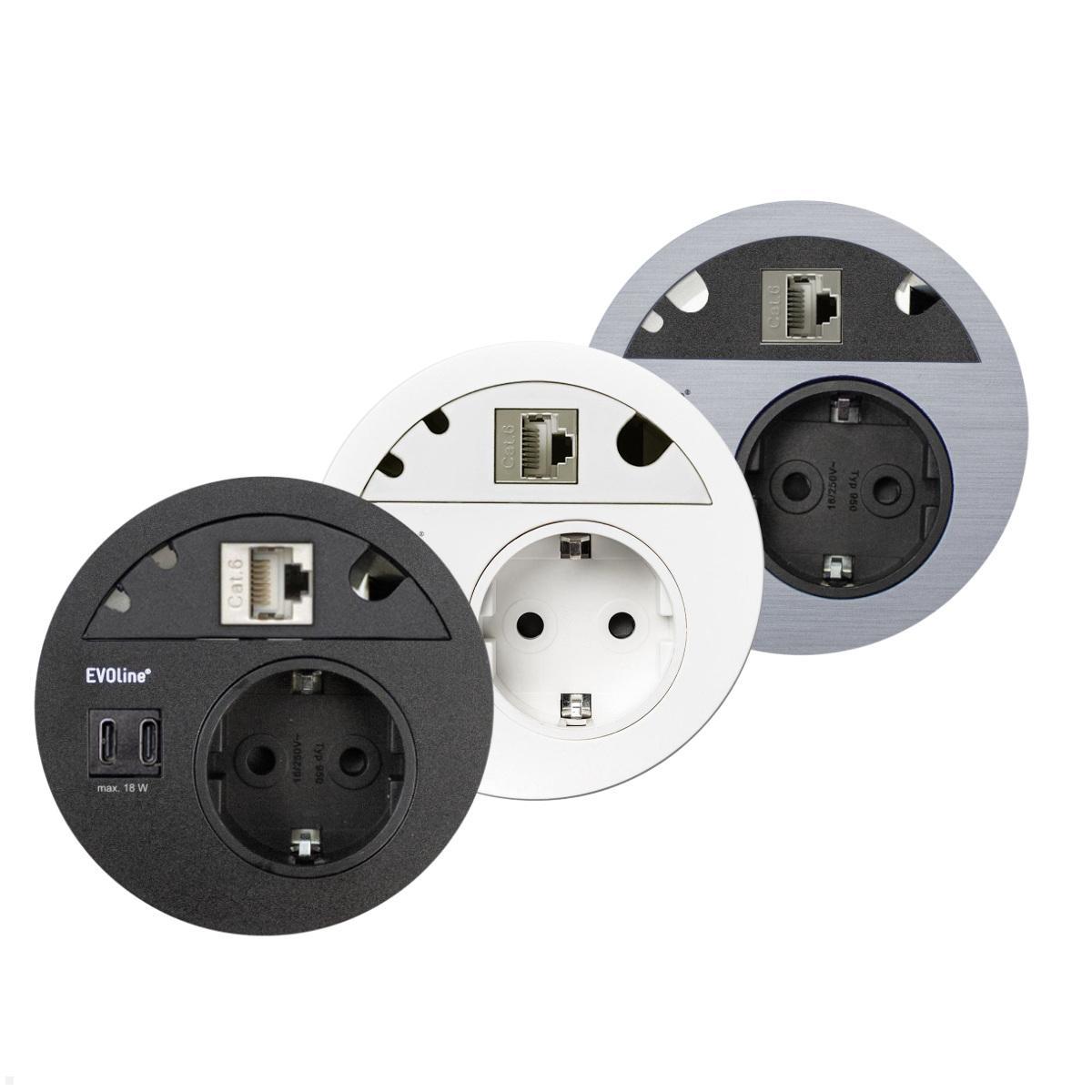 Table socket USB C/C EVOline Circle80 Cat6a cable routing